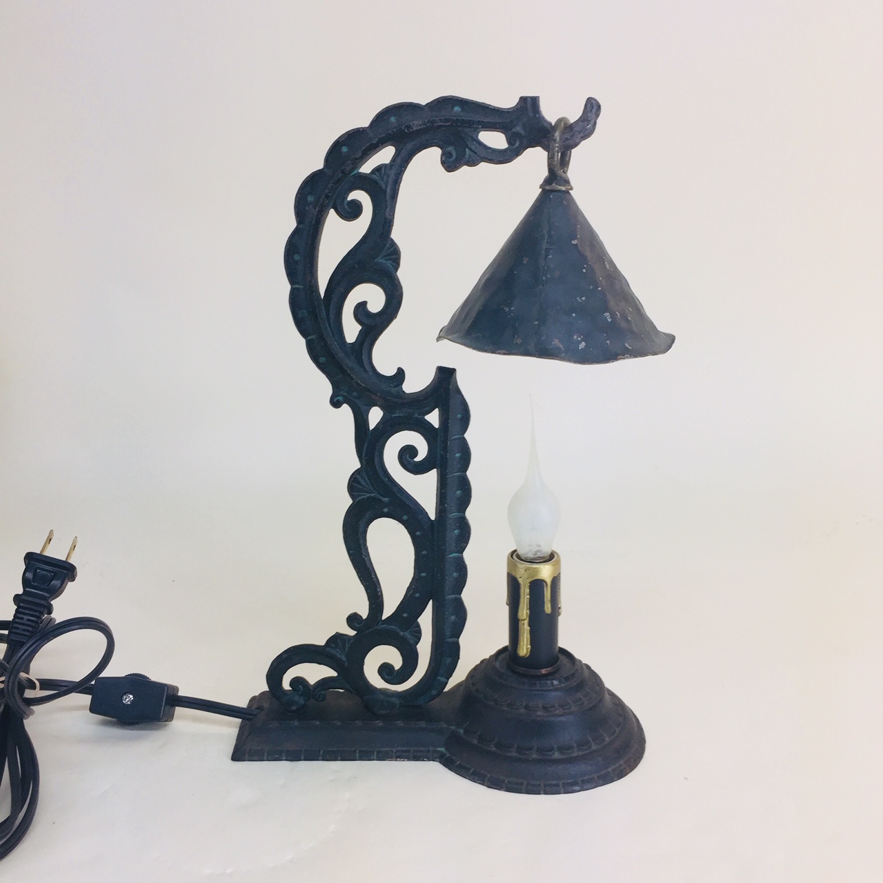 Single cast iron candle lamp with smoke bell - Old Lamps & Things, LLC