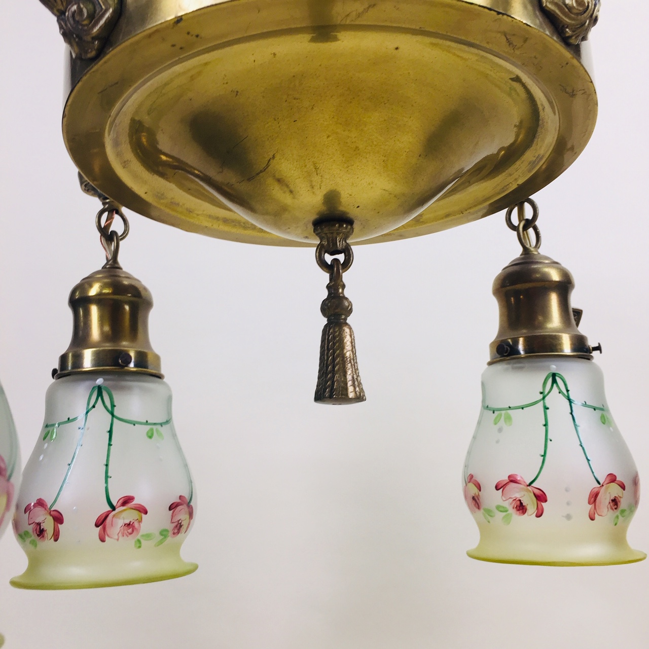 Four-light pan fixture with hand-painted shades - Old Lamps & Things, LLC